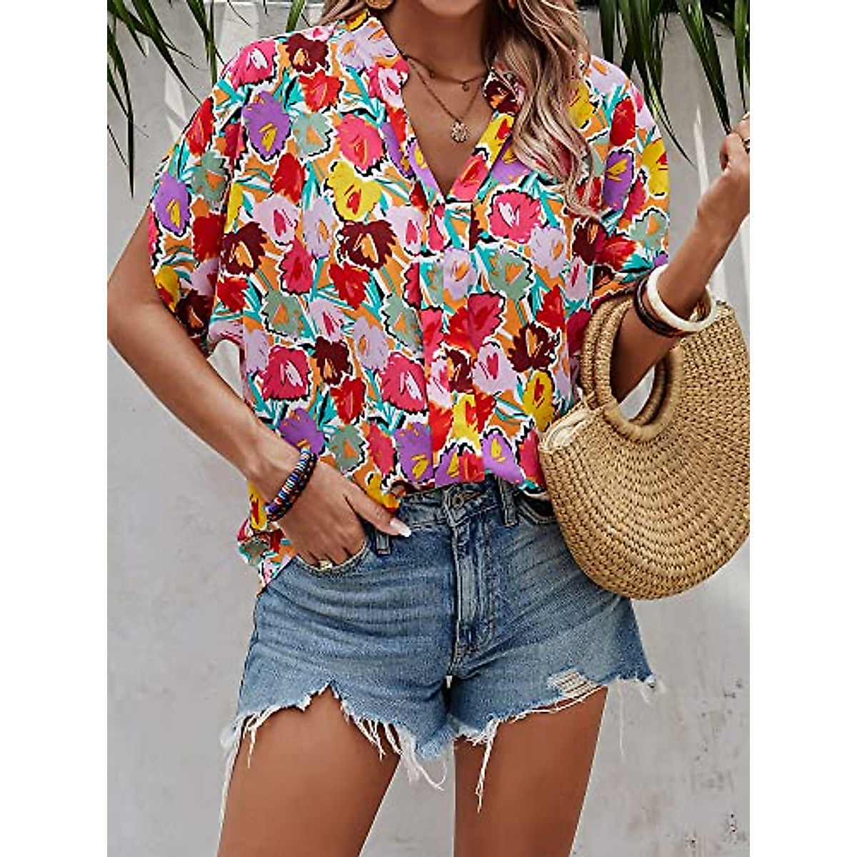 CCTOO Women's Blouses V Neck Short Sleeve Curved Hem Solid Chiffon Dressy Blouse Casual Shirts Tops 159 Color Floral Large