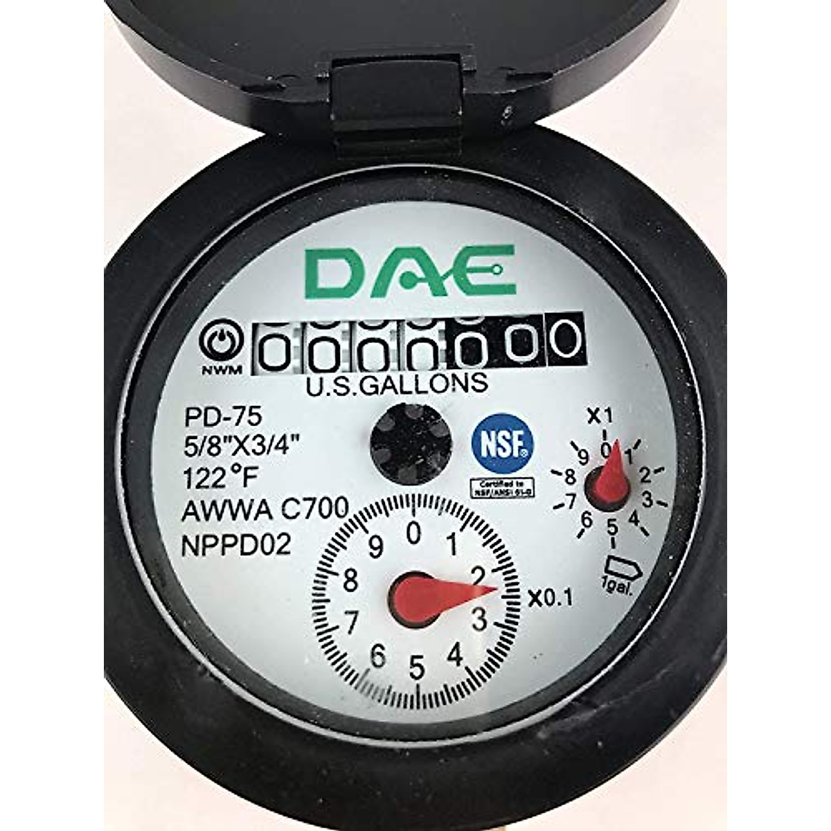 DAE PD-75 Non Lead NSF61, IP68 Positive Displacement Water Meter, 3/4" NPT Couplings, Pulse Output, Gallon