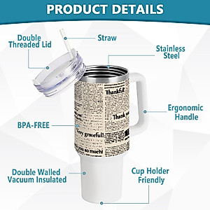 Takiito Newspaper Tumbler with Handle, Stainless Steel Vacuum Insulated Tumbler with Lid and Straw Fit Car Cup Holder, Leak-Proof BPA Free