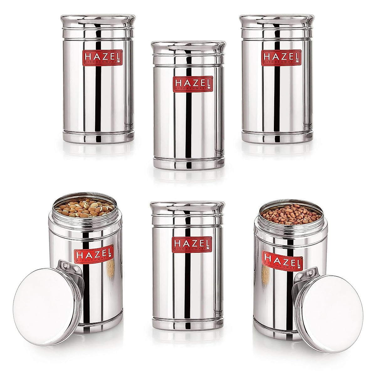 HAZEL Stainless Steel Container Set | 800 ml Set of 6 Steel Container for Kitchen Storage Set | Air Tight Containers for Kitchen Storage | Ideal for Storing Rice, Cereal, Pulse, Snacks.