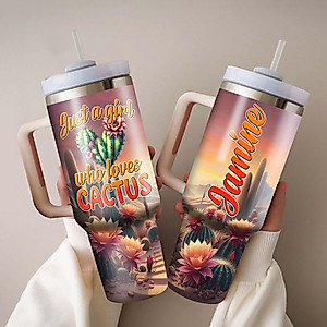 WAZONE Personalized Just A Girl Who Loves Cactus Tumbler 40oz with Handle and Straw Insulated Stainless Steel Tumblers Custom Coffee Cup Themed Gifts Holiday For Women Mothers Her Plant Lover