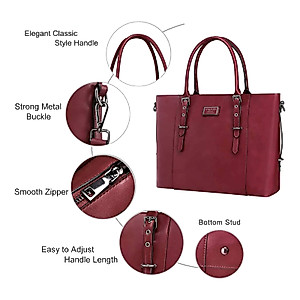 MOSISO PU Leather Laptop Tote Bag for Women (17-17.3 inch), Wine Red