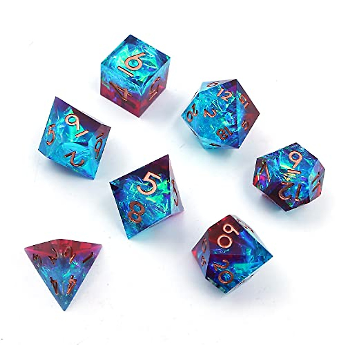DollaTek Resin Transparent RPG Dice Set, 7pcs DND Dice Set D4 D6 D8 D10 D12 D20, Red and Blue with Gold Foil, for Dungeons and Dragons and Board Games