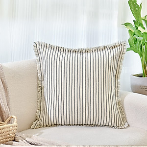 ZWJD Throw Pillow Covers 18x18 Set of 2 Striped Pillow Covers with Fringe Chic Cotton Decorative Pillows Square Cushion Covers for Sofa Couch Bed Living Room Farmhouse Decor