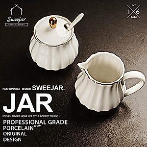 SWEEJAR Royal Ceramic Sugar and Creamer Set, 3 Piece Set with Cream Pitcher, Sugar Bowl, Sugar Set with Lid & Spoon, Coffee Serving Set Wedding Gift(White)