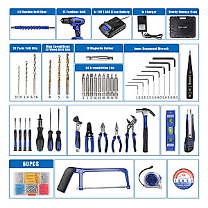 jar-owl 21V Tool Set with Drill, 350 in-lb Torque, 0-1350RMP Variable Speed, 10MM 3/8'' Keyless Chuck, 18+1 Clutch, 1.5Ah Li-Ion Battery & Charger for Home Tool Kit