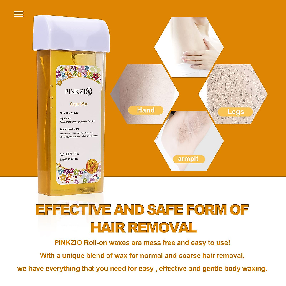 Hair Removal Roll On Wax Refill - Wax Cartridge Depilatory Wax Roller for Legs and Arms 3.52 Ounce By PINKZIO (3 Pack)