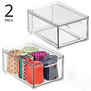 mDesign Stackable Storage Containers Box with 2 Pull-Out Drawers - Stacking Plastic Drawer Bins for Closet Organization, Linen, Coat, Bedroom or Entryway Closets - Lumiere Collection - 2 Pack - Clear