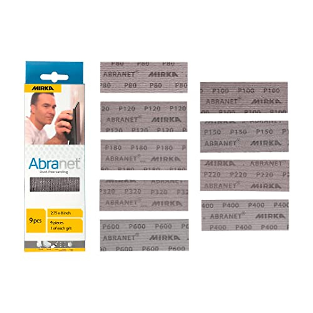 Mirka Abranet Net Sheets / 2.75 x 8 inch/Assortment 1 of each Grit 80, 100, 120, 150, 180, 220, 320, 400, 600 / Mesh sandpaper sanding Sheet Hook and Loop / 9 pcs / ‎9A-150-APRP