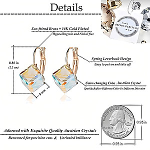 Cube Austrian Crystal Drop Leverback Earrings for Women Fashion 14K Rose Gold Plated Hypoallergenic Jewelry (Aurora Boreali)