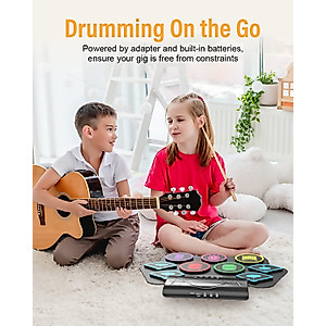 9 Pads Electronic Drum Set, 19×13 Inch Roll-Up Drum Portable Drum Pad Kit With MIDI Education Function, Built-in Speaker, Supports headphone/Bluetooth, Great Holiday Birthday Gift for Kids – Colorful