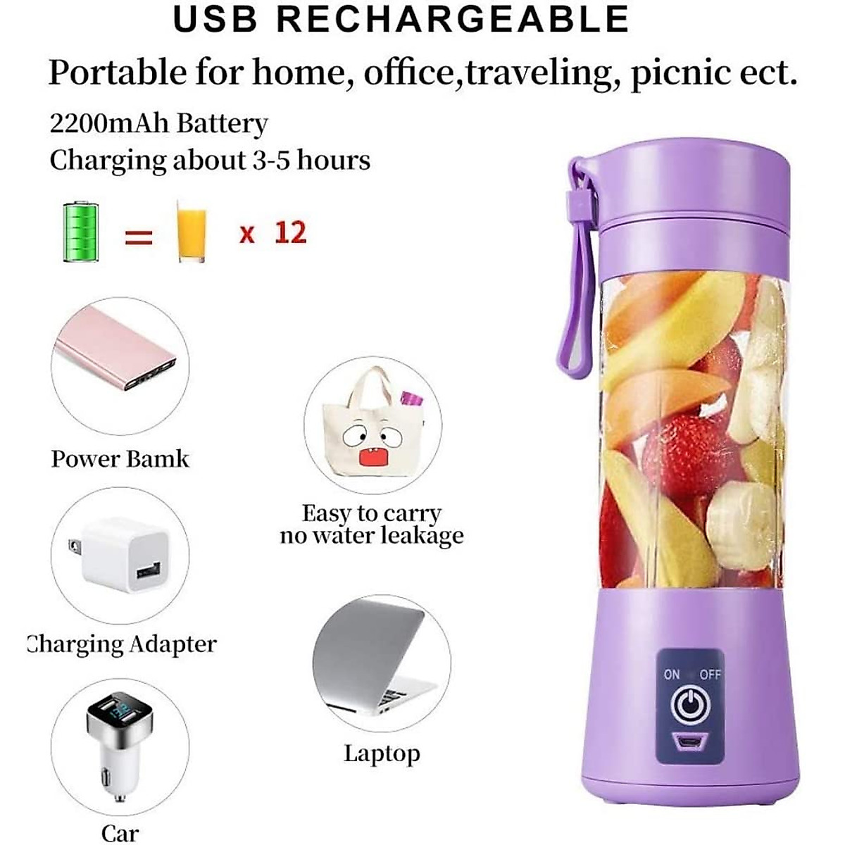 Portable Blender Smoothies Personal Blender Mini Shakes Juicer 380 ml Cup USB Rechargeable (Purple)