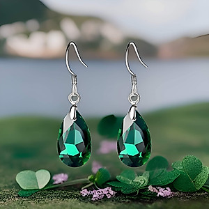 Teardrop Austrian Crystal Drop Dangle Earrings for Women 925 Sterling Silver Hypoallergenic Hook Earring (Emerald)