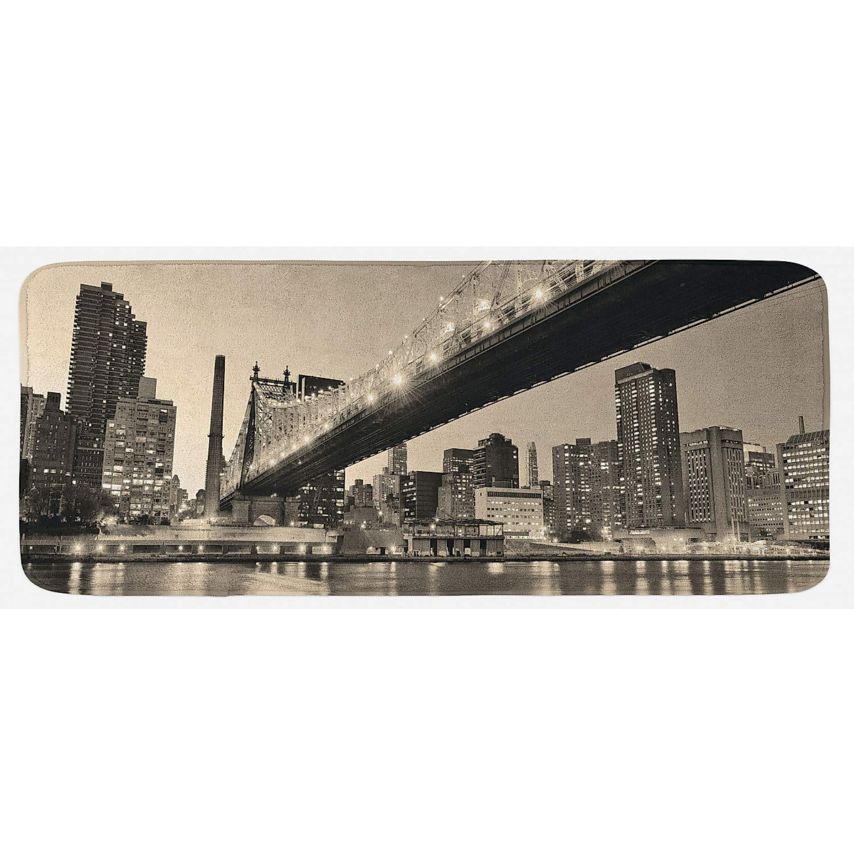 Ambesonne New York Kitchen Mat, Queensboro Bridge NYC Night Sepia Artprints Urban City View Modern Life Theme, Plush Decorative Kithcen Mat with Non Slip Backing, 47" X 19", Brown Gray