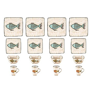 HomeVss, Stoneware Artisan Hand Painted Fish, 16pc Reactive Glaze Dinnerware Set