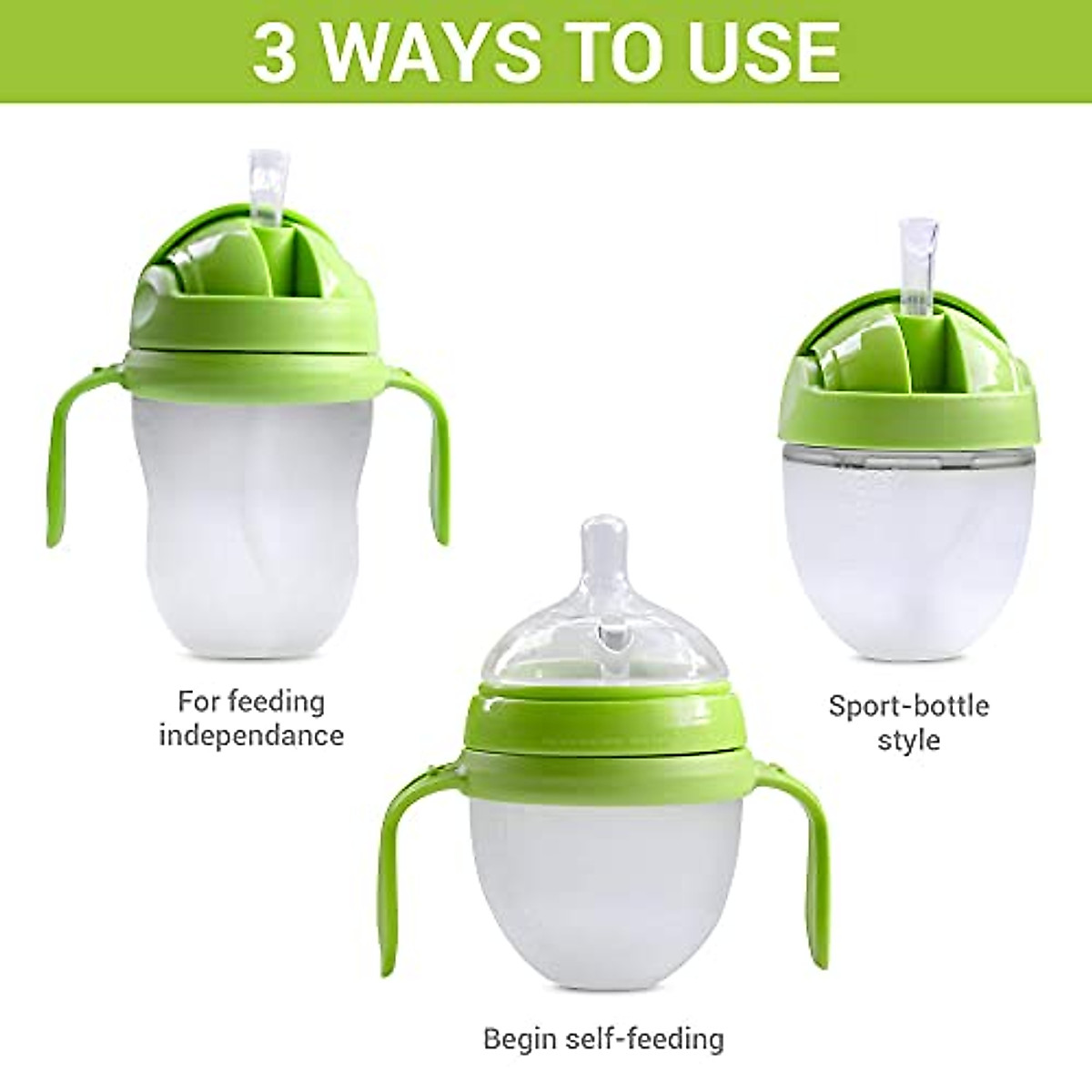 3-in-1 Straw Sippy Cup Conversion Kit for Comotomo Baby Bottle, 5 Ounce and 8 Ounce (Weighted Straw, Green)