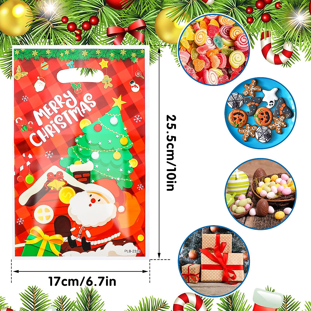 Abeillo 50Pcs Christmas Goodie Bags for Kids, Santa Claus Theme Party Favor Bags Christmas Gift Bags Medium Size Plastic Gift Bags Bulk for Kids (10 x 7Inch)