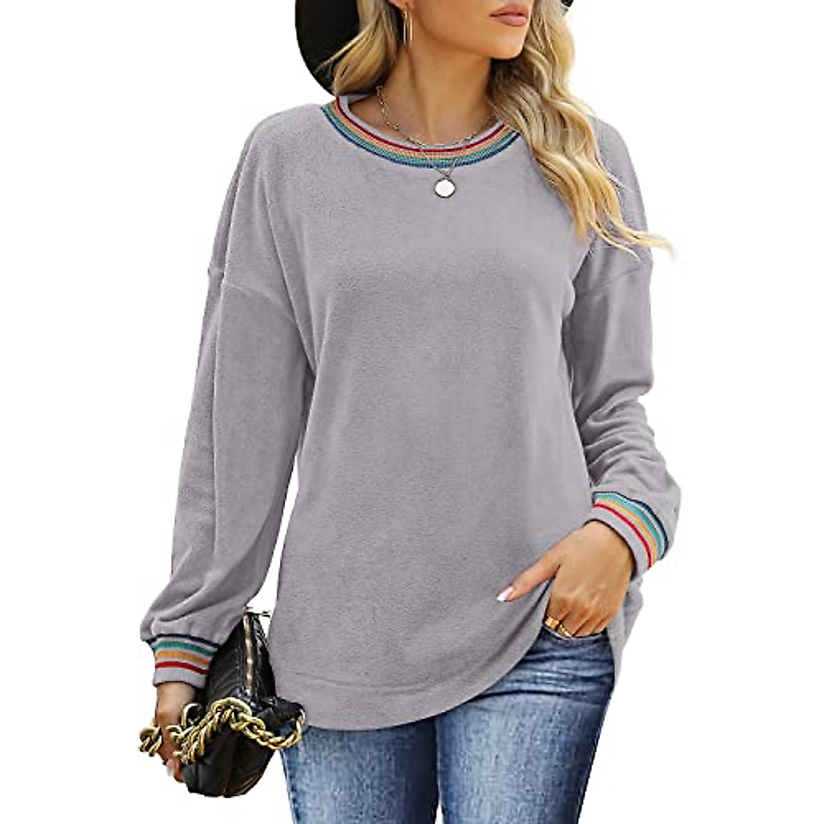 WIHOLL Oversized Sweaters for Women Aesthetic Long Sleeve Plain T Shirts Grey L