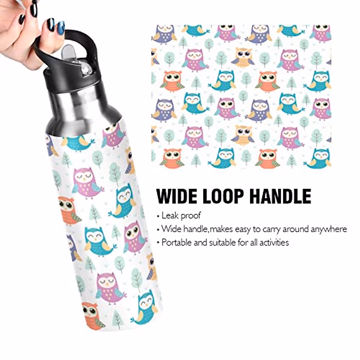 xigua 32oz Double leak Proof layer Insulated Keep Warm,Cute Happy Owls Stainless Steel Water Bottle with Straw for Sports and Travel#3