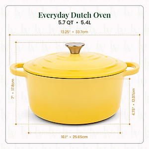 Larder & Vine Enameled Cast Iron Dutch Oven with Lid - Oversized Handles, Dome Lid, Dutch Oven for Sourdough Bread Making – 5.7QT/5.4L - (Limoncello)
