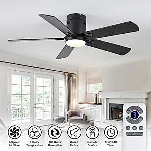 Flush Mount Ceiling Fan with Lights, 52’’ Black Ceiling Fan with Light, 3 Color Temperatures, 6 Fan Speeds, Timer Remote, Silent Reversible DC Motor, for Patio, Farmhouse, Bedroom
