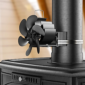 Zgrmbo Wood Stove Fan, 6 Blades Heat Powered Fireplace Fan with Magnetic Thermometer, Upgrade Chimney-Bundled Type Fireplace Fan, Silent Eco Fans for Log Burner Metal Wood Stove Pipe