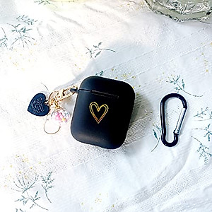 Ownest Compatible for AirPods Case Soft TPU with Gold Heart Pattern Cute Lucky Ball Keychain Shockproof Cover Case for Girls Woman Airpods 2 &1-Black