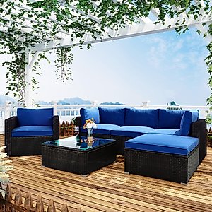 Merax Patio Furniture Sets, 6 PCS Outdoor Patio Sectional Sofa Set, All Weather PE Wicker Rattan Conversation Set with Glass Table & Cushions, Brown+Blue