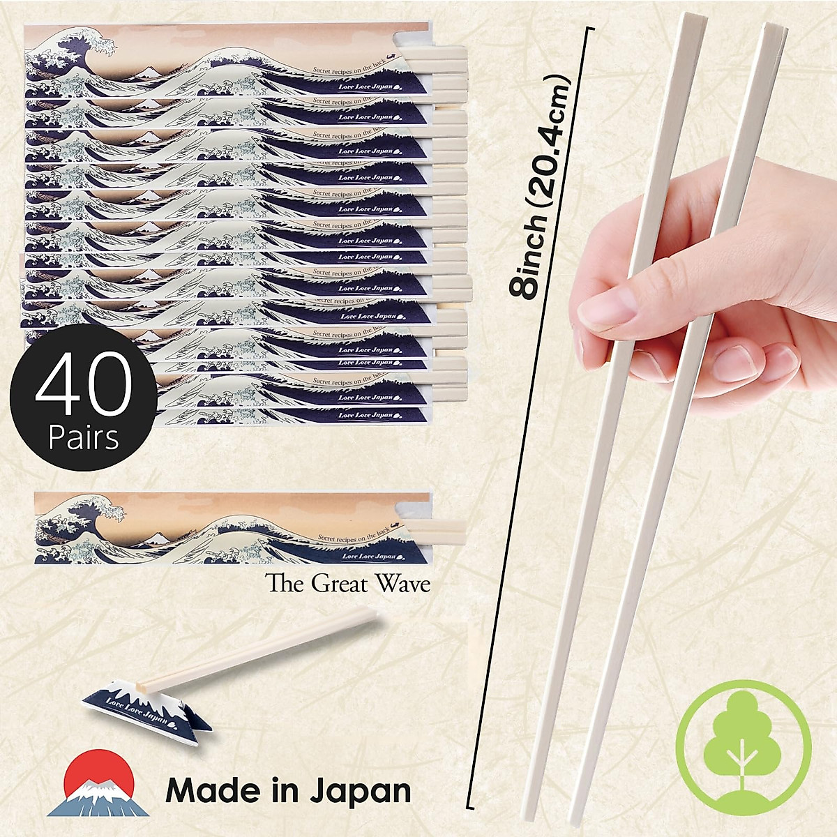 40 Pairs Disposable Chopsticks with Japan Hokusai Designed Origami Paper Rest, Individually Wrapped Chopsticks for Asian Japanese Dishes, Sushi Ramen (Great Wave)