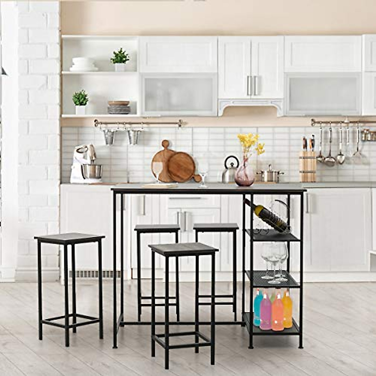 COSTWAY Counter Height Pub Table, Modern Bar Table with 3 Open Storage Shelves, Dining Table with Metal Frame for Small Space, Dining Room, Living Room, Breakfast Nook, Bar, Black