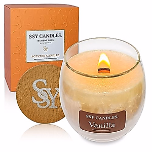 Creamy Vanilla Scented Candle Aromatherapy Glass Jar Candle with Crystals Inside, Fragrance Natural Soy Wax Wooden Wick Candle, 60 Hours Long Burning, Home Decor Gift for Men and Women