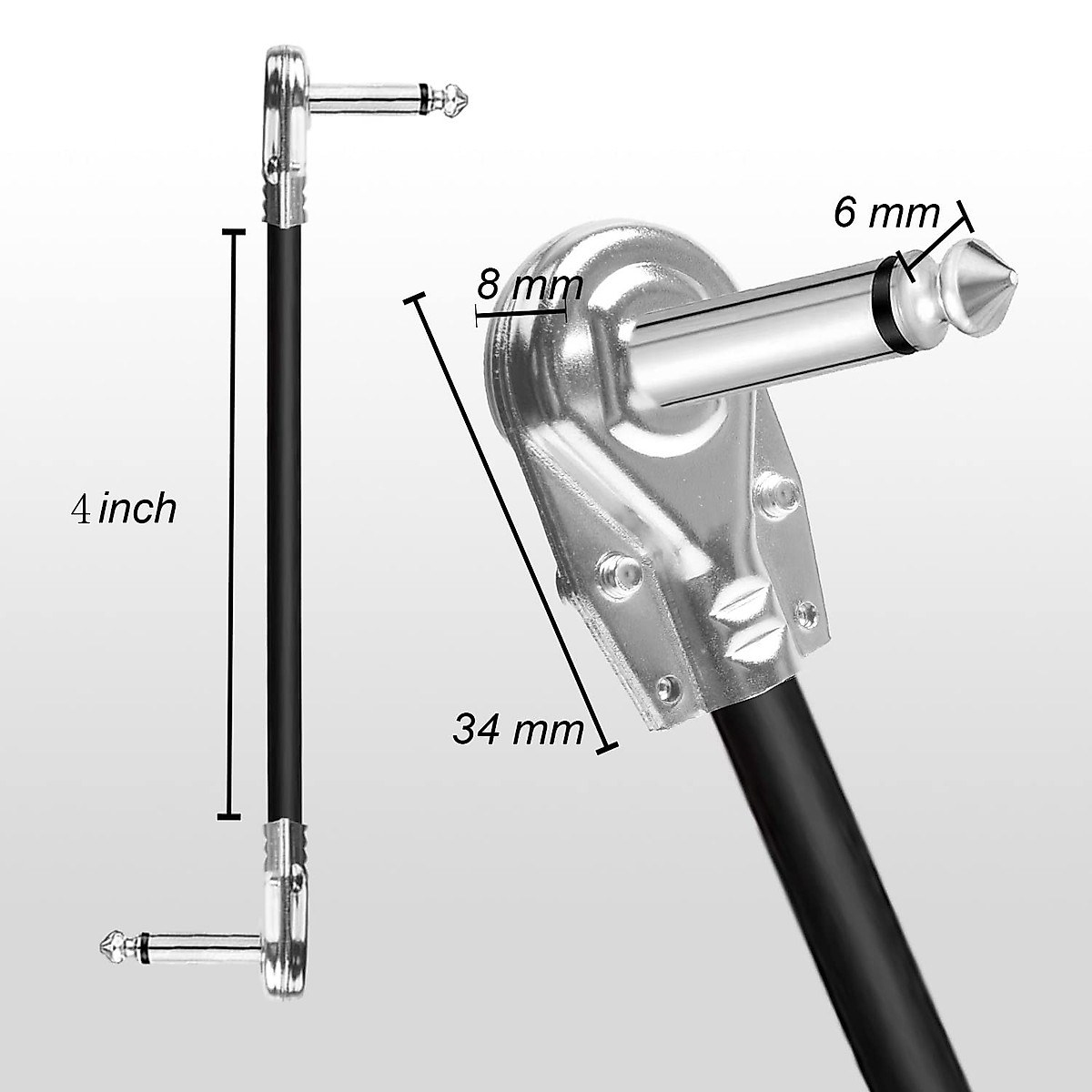 AZOR Guitar Patch Cables Right Angle 4 Inch 10cm 1/4 Instrument Cables for Guitar Effects Pedal 3 Pack (Silver)