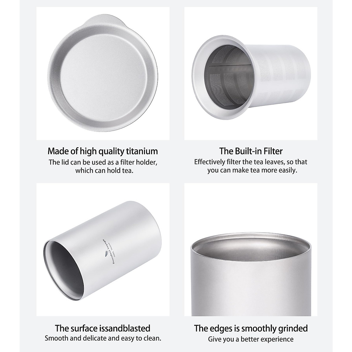 iBasingo 350ml Titanium Double Layer Tea Cup with Filter Cover Outdoor Camping Tea Mug Set for Picnic Hiking Traveling Home use A-Ti3023D