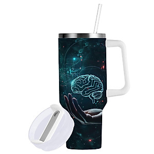 ODAWA AI Brain Hand Coffee Tumbler with Handle Double Wall Tumbler Reusable Stainless Steel Cups