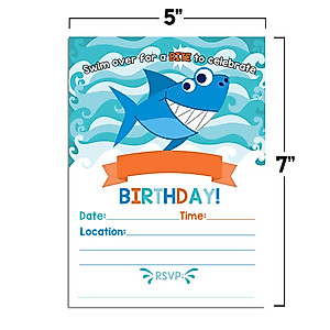 Smiling Shark Bite Birthday Party Invitations, 20 5x7 Fill In Cards with Twenty White Envelopes by AmandaCreation