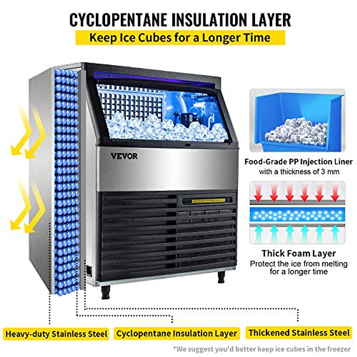 VEVOR 110V Commercial Ice Machine 440LBS/24H with 77LBS Bin, Full Cube, LED Panel, Stainless Steel, Air Cooling, ETL Approved, Professional Refrigeration Equipment, Include Scoop and Connection Hose