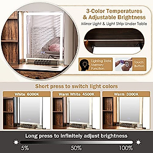 CHARMAID Vanity Set with Dimmable Lighted Mirror, 3 Lighting Modes, Human Body Induction, Side Cabinet, 2 Drawers, Storage Shelves, Cosmetic Tray, Makeup Table Dressing Desk with Stool (Rustic Brown)