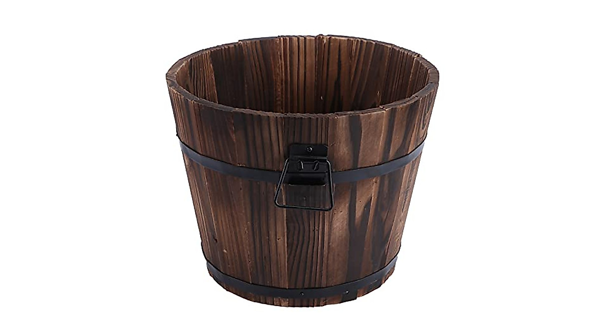 YARDWE Wooden Flower Bucket - Rustic Planter with Drainage Holes