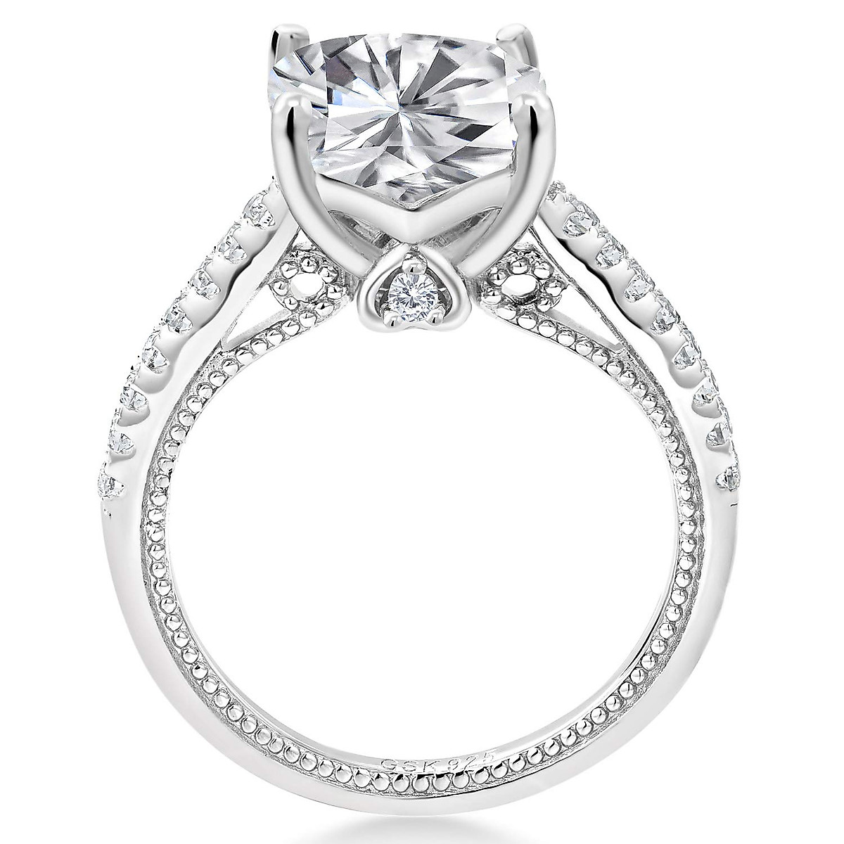 925 Sterling Silver Forever Classic Moissanite from Charles & Colvard and Created Sapphire Engagement Ring For Women (5.27 Cttw, Cushion 10MM, Available 5,6,7,8,9) (Size 7)