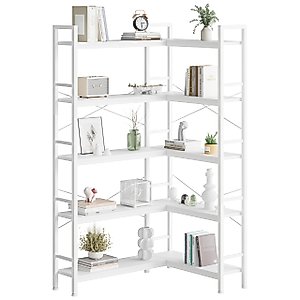 Lazyvan White Corner Bookshelf,5 Tiers Corner Shelf with Open Storage,L Shaped Shelves for Home Office,Living Room,Bedroom
