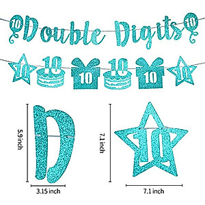 Excelloon Double Digits Banner 10th Birthday Decorations - Green Glitter Ten Years Old Birthday Banner Cake Gift Star Decorations - Happy 10 Year Old Birthday Party Supplies