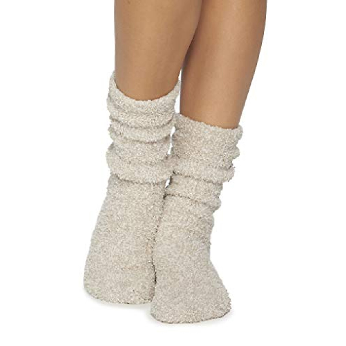 Barefoot Dreams CozyChic Women Heathered Socks, Crew Socks, Plush Socks, Loungewear, Warm Toes, Fuzzy Socks-Black/White-Stone/White (Set of 2)