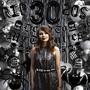 WHYMEO 30th Birthday Party Decorations Pack 97Pcs,Death to My 20s Supplies Including Banner Garland Backdrop Tablecloth Rip Sash Cake Toppers Balloon Set for Funeral Youth Funny Thirtieth Party,Black