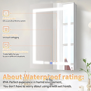 SIMEFUL Bathroom Medicine Cabinet with LED Mirror, 20"×28" Wall Mounted Mirror Cabinet with Adjustable Shelf, Anti-Fog, Memory Function, IP44 Waterproof, Dimmable 3 Colors