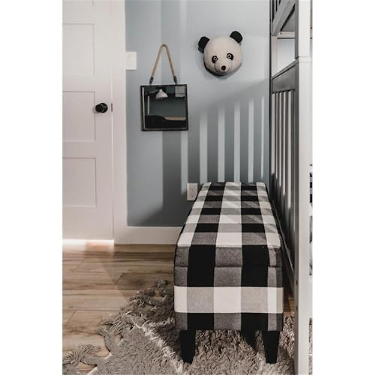 HomePop Large Upholstered Rectangular Storage Ottoman Bench with Hinged Lid, Black Buffalo Plaid