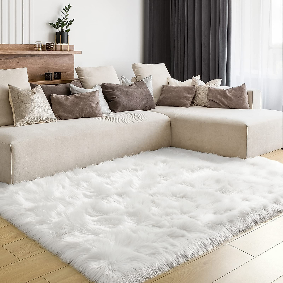 LOCHAS Soft Fluffy Faux Fur Rugs for Bedroom Bedside Rug 3x5 Feet, Washable, Furry Sheepskin Area Rug for Living Room Girls Room, Luxury Shag Carpet Home Decor, White