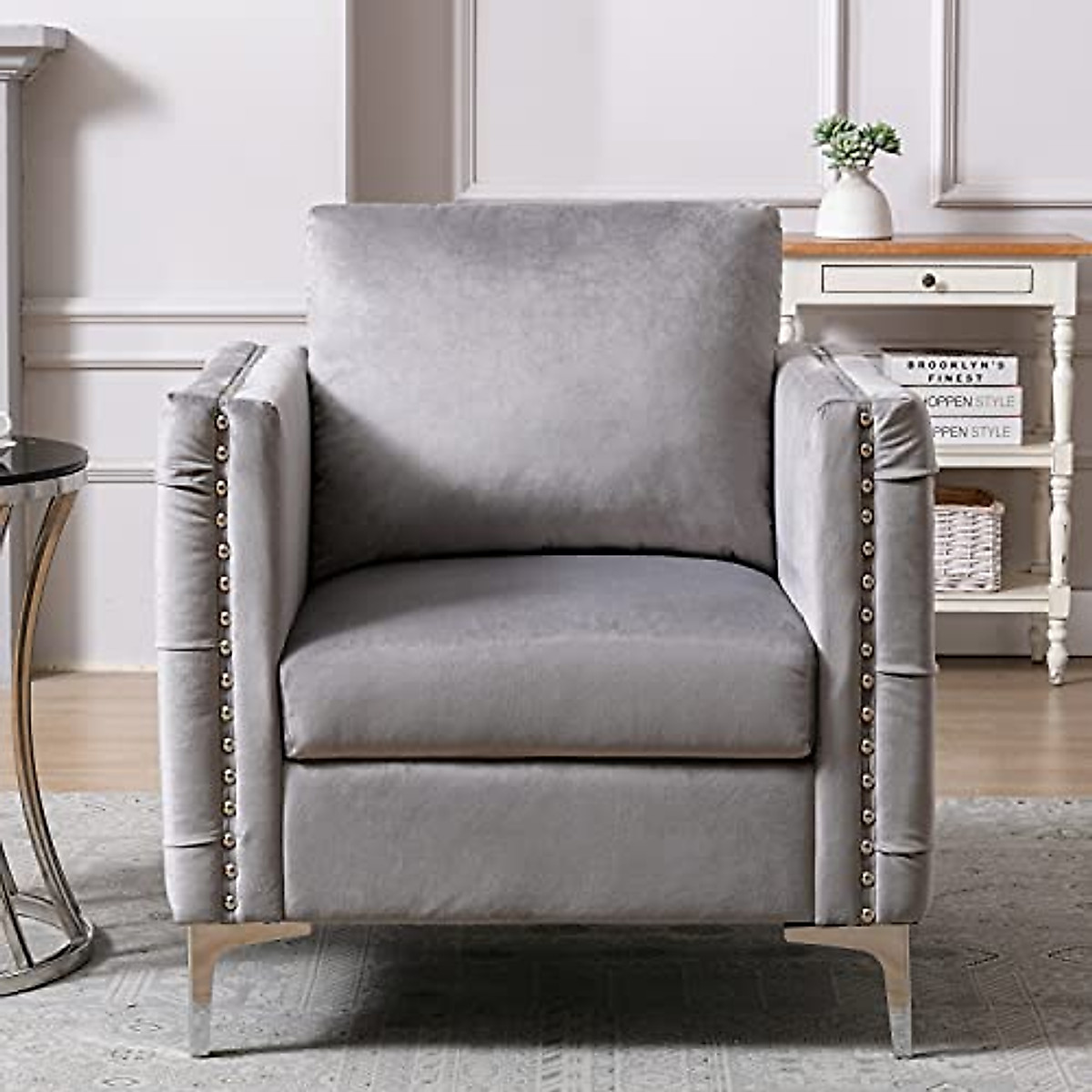 Harper & Bright Designs Modern Velvet Armchair, Tufted Button Accent Chair Club Chair with Steel Legs for Living Room Bedroom, Grey