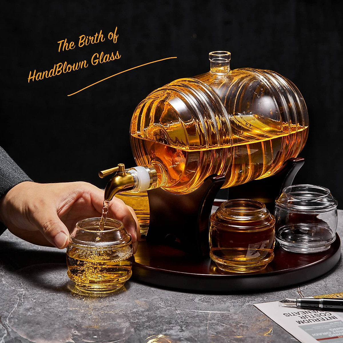 Whiskey Barrel Decanter Set - Liquor Dispenser Birthday Valentine's Day Gifts Ideas for Men Husband - 1350ML Decanter with 4 Whiskey Glasses for Alcohol, Bourbon, Scotch, Vodka, Tequila, Wine