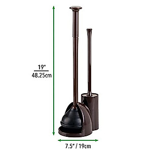 mDesign Compact Freestanding 2-in-1 Plastic Toilet Bowl Brush/Plunger/Trash Wastebasket Garbage Can Combo, Home Bathroom Storage, Sturdy Cleaning Accessories, Aura Collection, Set of 2, Dark Brown