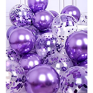 SUWEN Purple Metallic Balloons and Confetti Balloons Set 47PCS Latex Helium Chrome Dark Purple Balloon for Birthday Anniversary Party Decorations